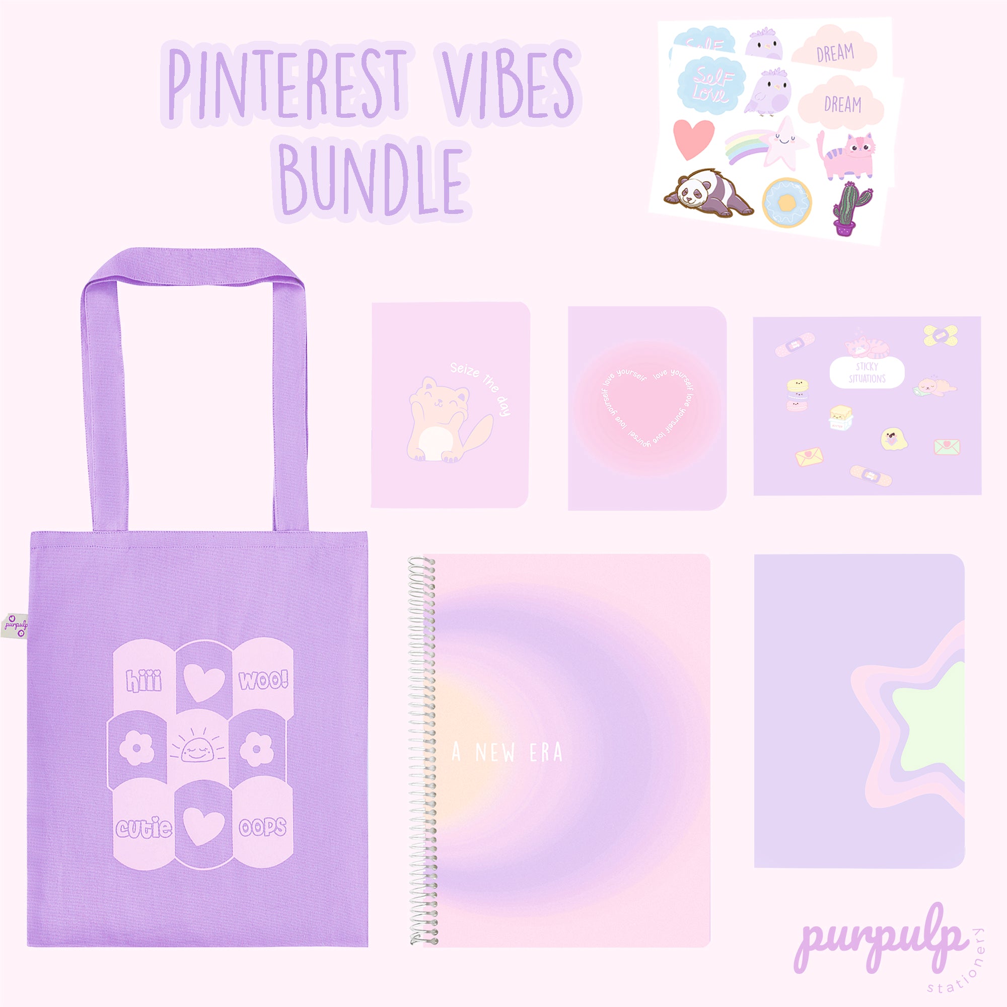 Pinterest Vibes Bundle: A4 Spiral Notebook, Tote Bag, Sticker Book, A5 ...